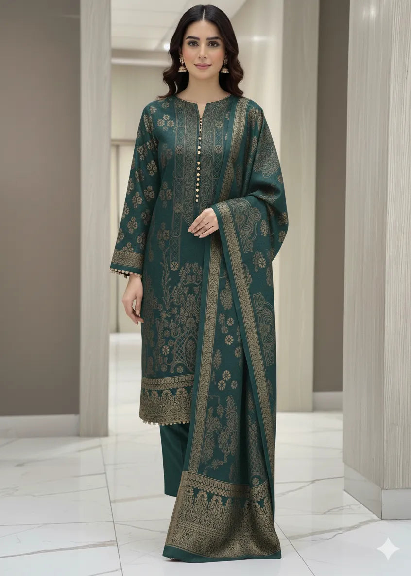 PERSIAN PALACHI WOOL WINTER 3PC SUIT WITH PALACHI SHWAL (Olive Green ...